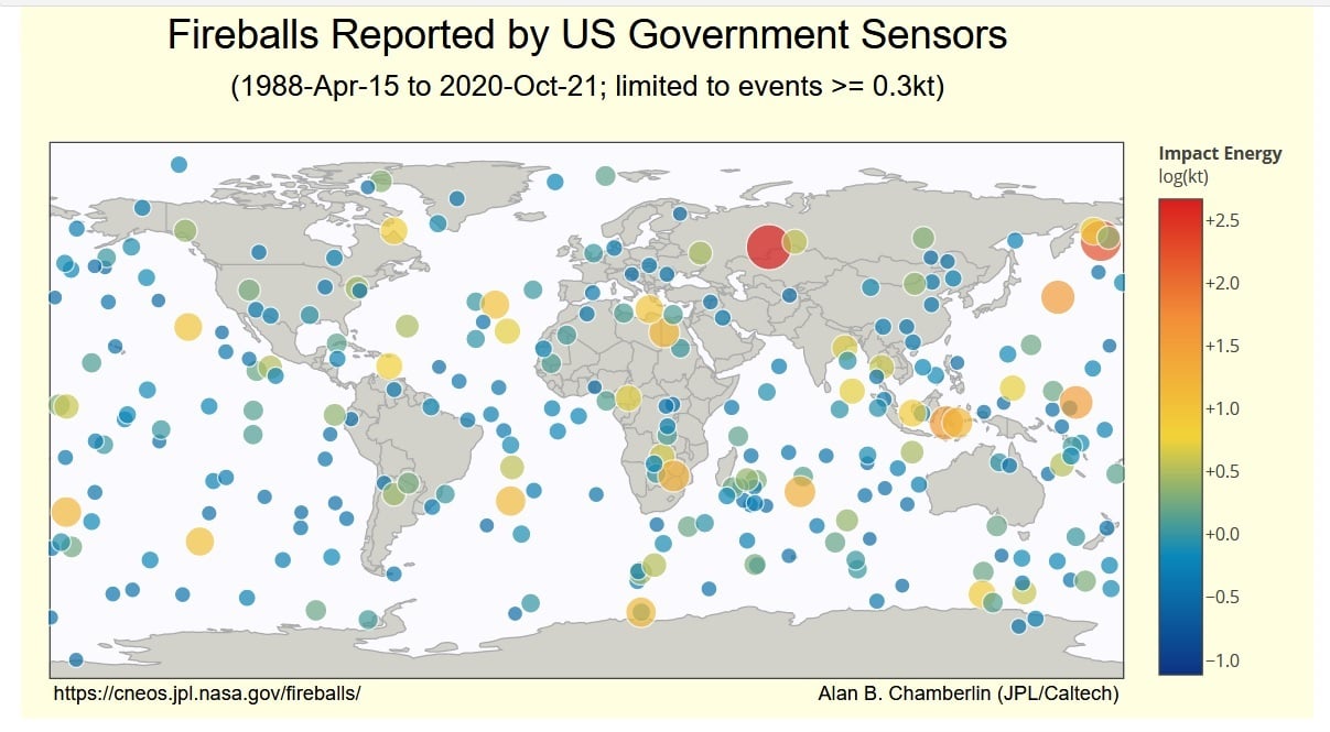 Lagniappe Observing: Map of 316 impacts in Fireballs Reported by US ...