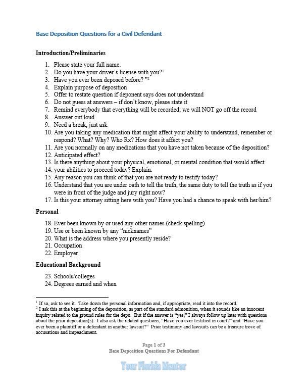 Base Deposition Questions for Defendant
