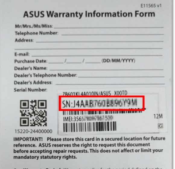 Berikut SN yang berbentuk stiker di tempat pada kartu garansi.