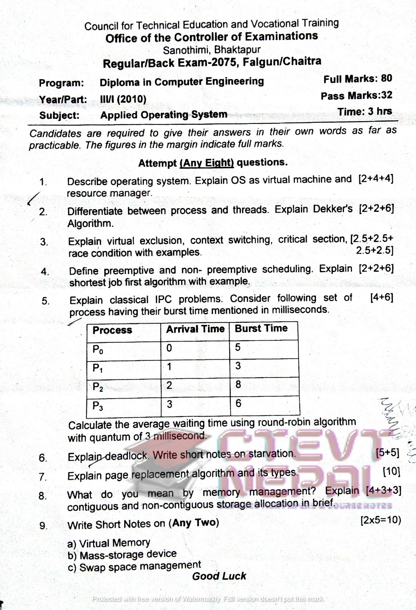 Applied Operating System 5th Semester Questions Papers Ctevt Diploma In Computer Engineering It