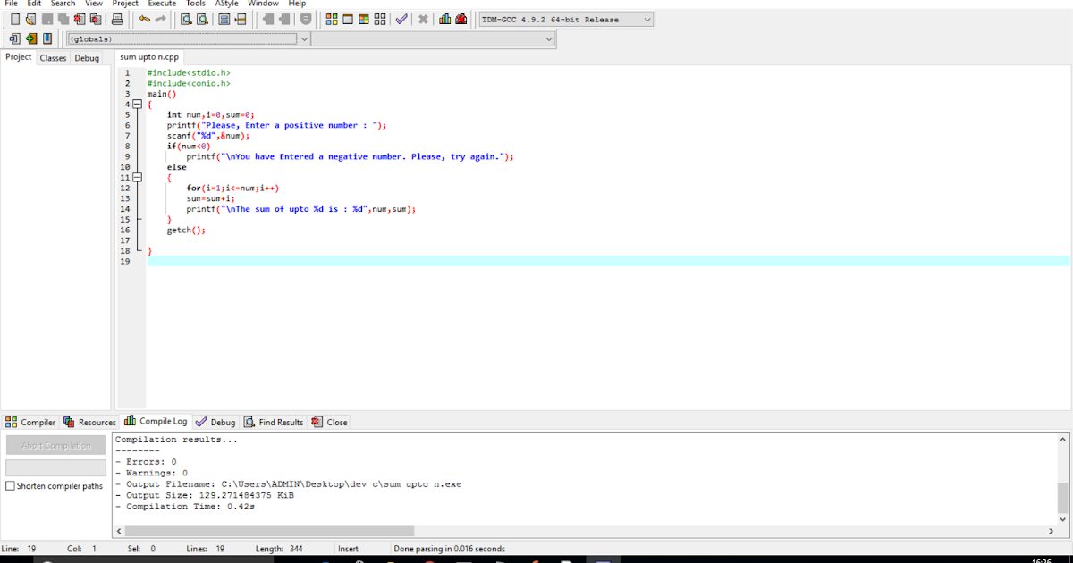 C-program of calculate the sum of natural numbers up to N