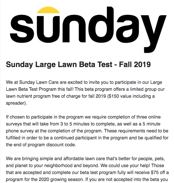The Sunday Fertilizer Large Lawn Beta Test - Fall 2019