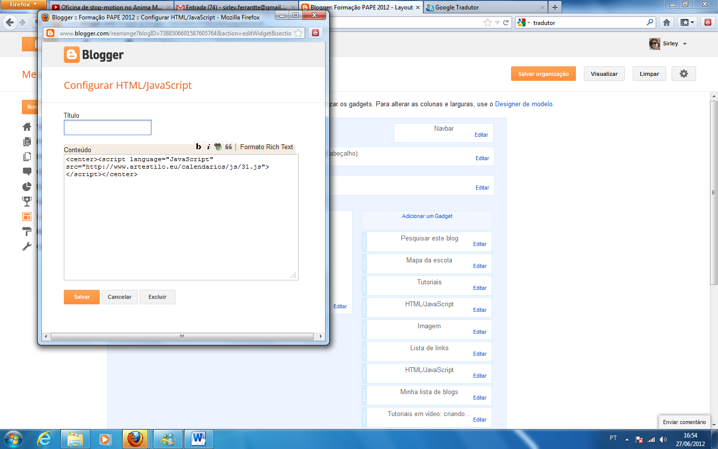 Formação PAPE 2012: Centralizar Gadget Java Script HTML