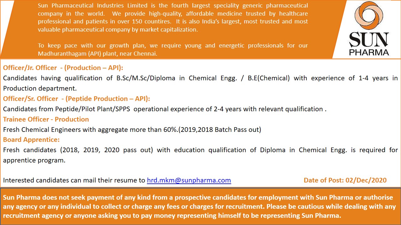Sun Pharmaceutical Industries Ltd - Urgent Openings for Freshers ...