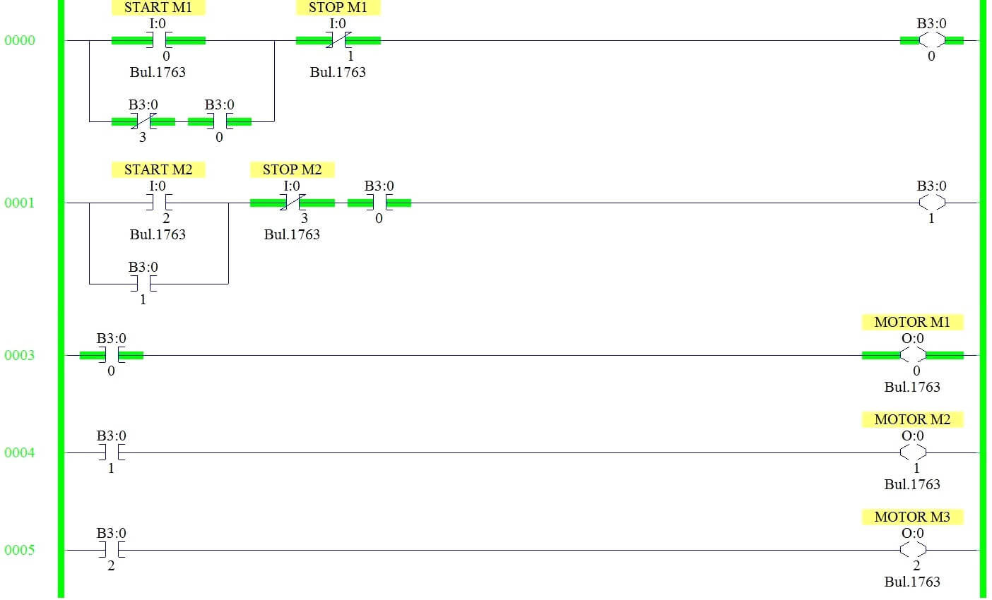 PLC Programming for 3 Motors control in Ladder logic