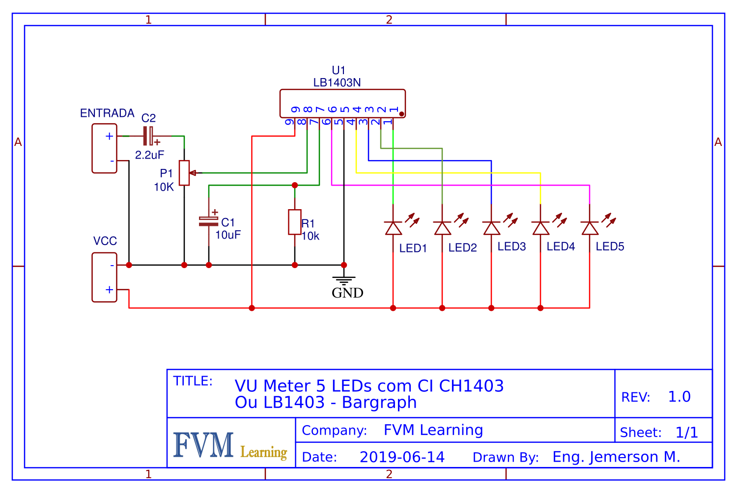 VU Meter 5 LEDs com CI LB1403N Ou CH1403 - Bargraph + PCI - FVML