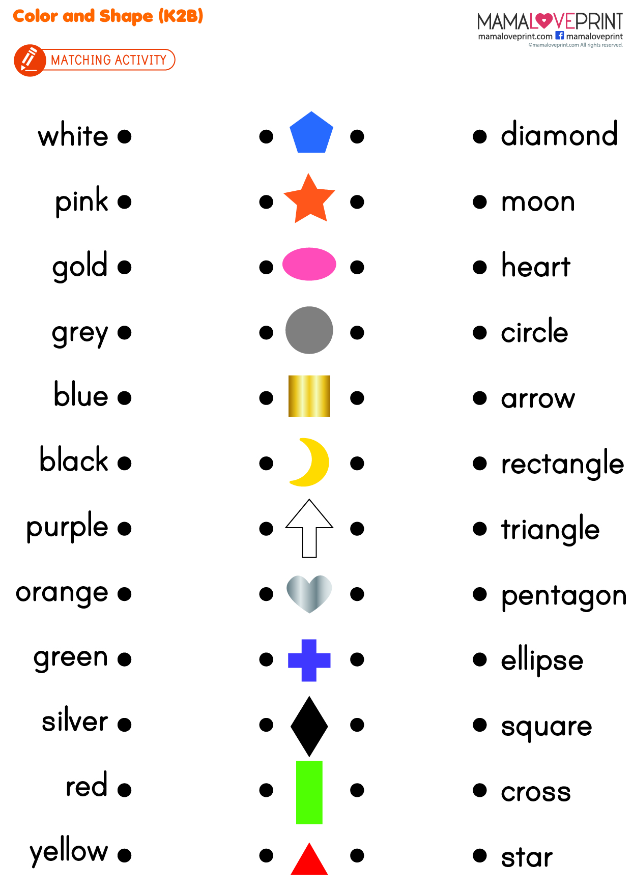 MamaLovePrint 自製工作紙 K2 - 顏色與形狀連線 Colors and Shapes Matching Worksheet ...
