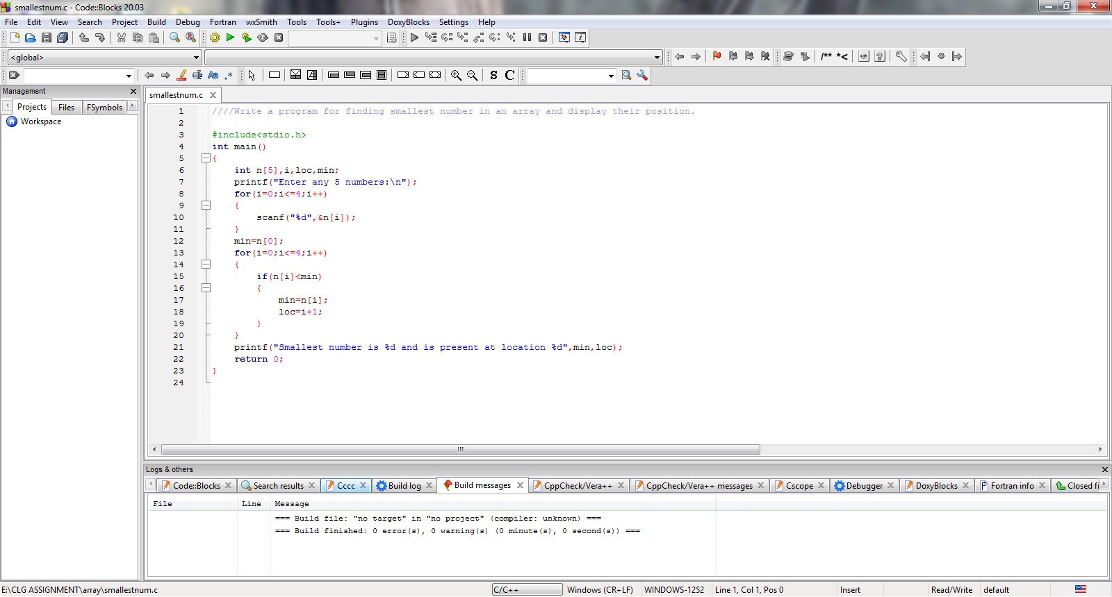 A program for finding smallest number in an array and display their ...