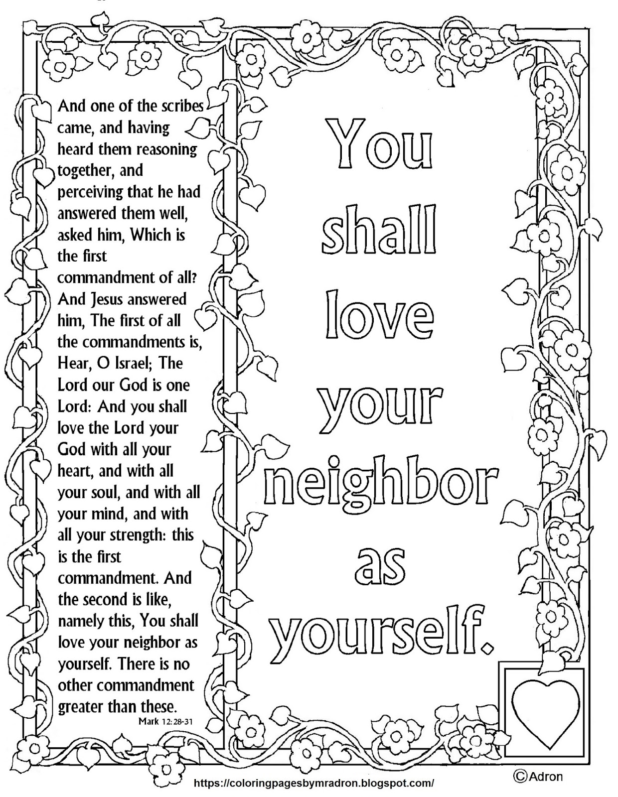 Coloring Pages for Kids by Mr. Adron: Free Mark 12:31 Print and Color ...