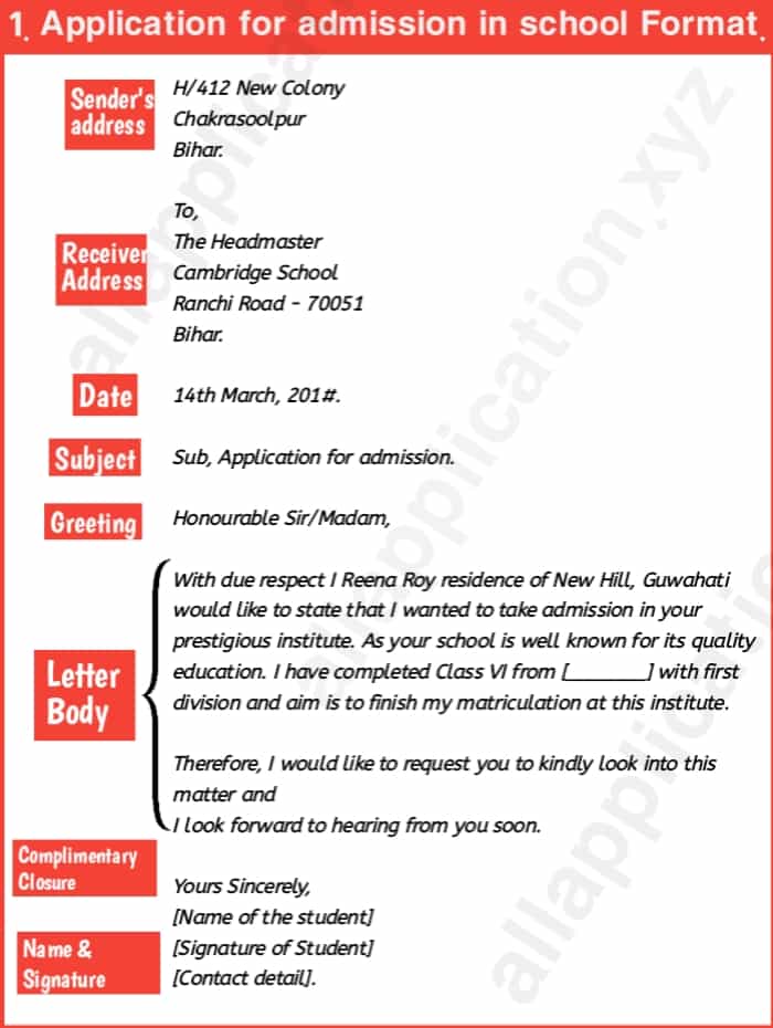 Application for Admission to School for Class 7th