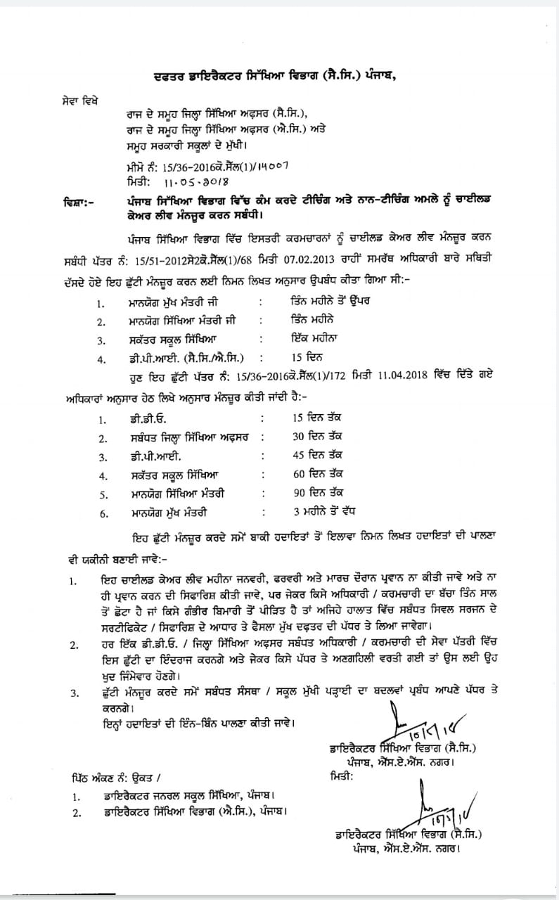 PUNJAB NEWS ONLINE CHILD CARE LEAVE FOR TEACHERS AND NON TEACHING punjab-news-online-child-care-leave-for-teachers-and-non-teaching