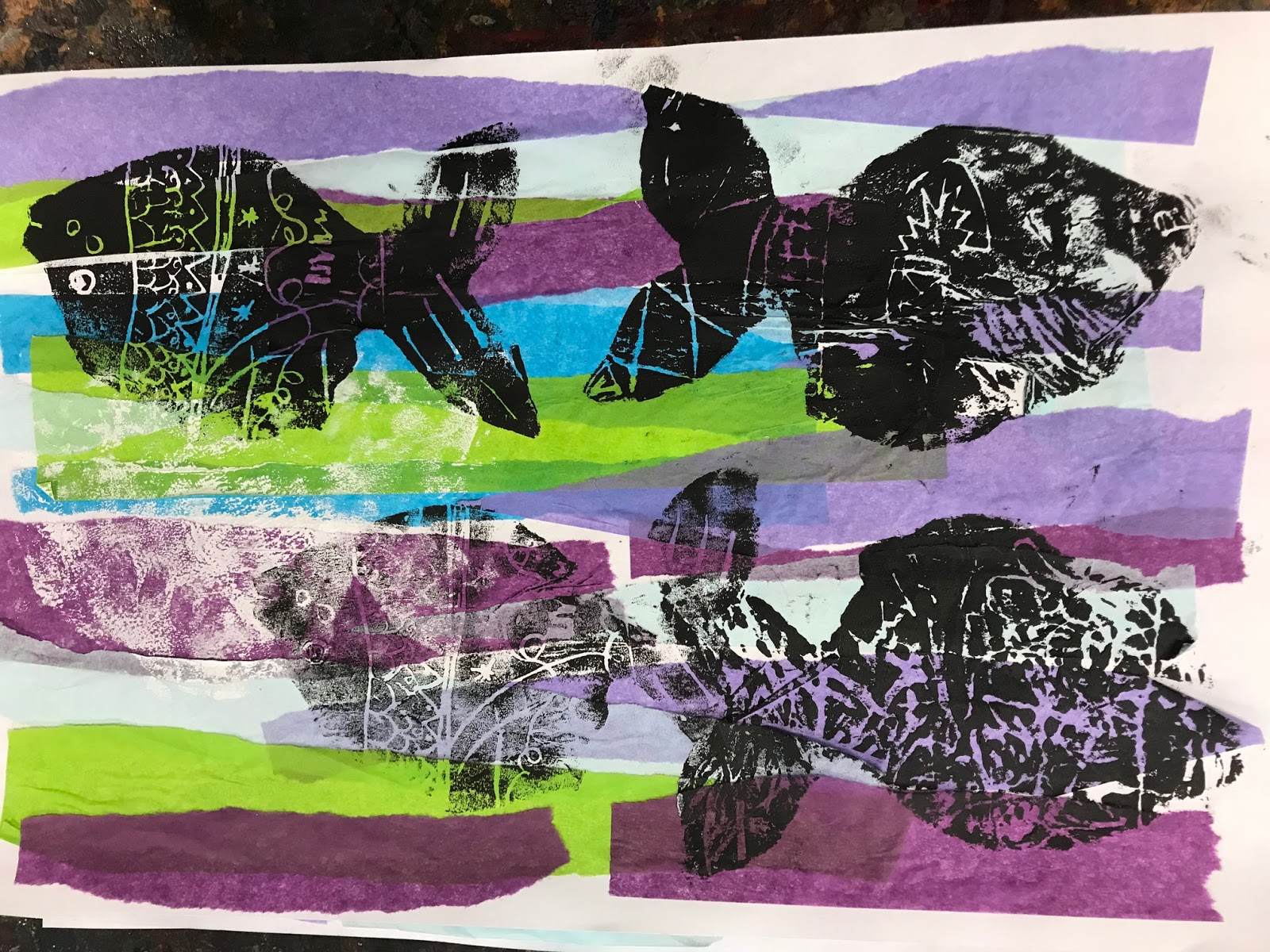 Words on Woodcuts: Kids' Relief Print Fish with Chine Colle