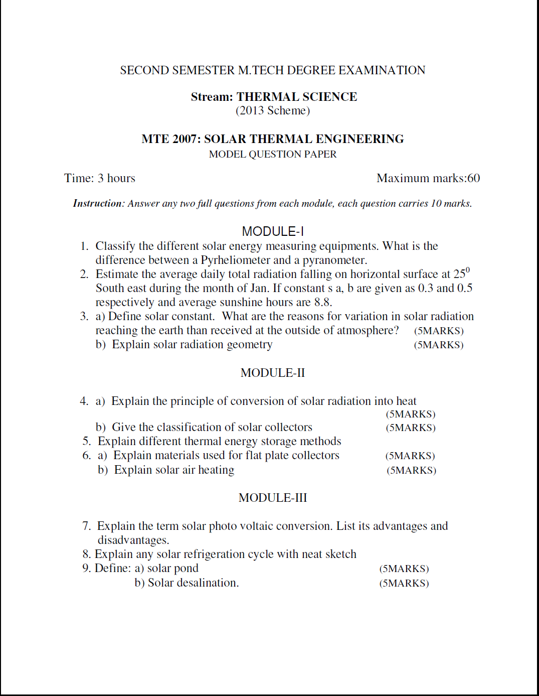Kerala University M.Tech Solar Thermal Engineering 2017 Question Paper ...