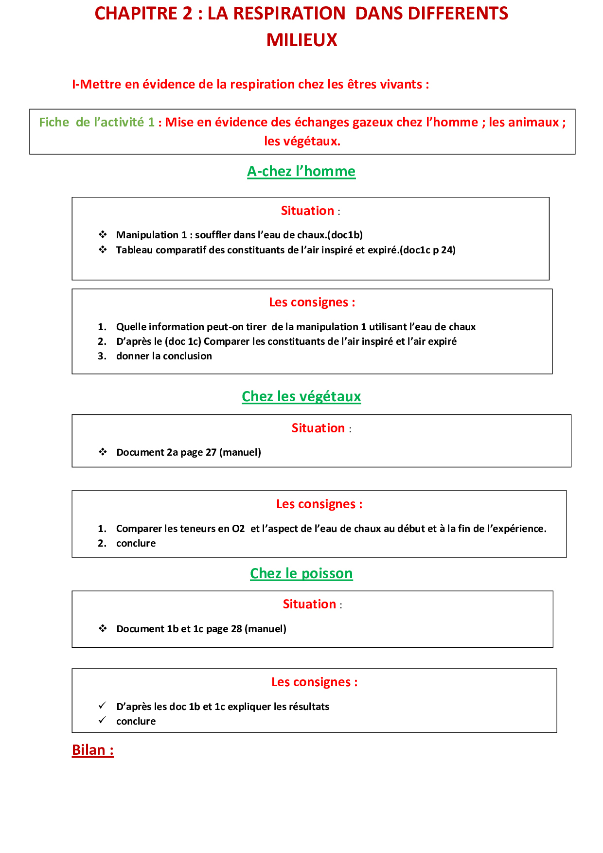 La respiration dans différents milieux - Fiche pédagogique pour 1AC