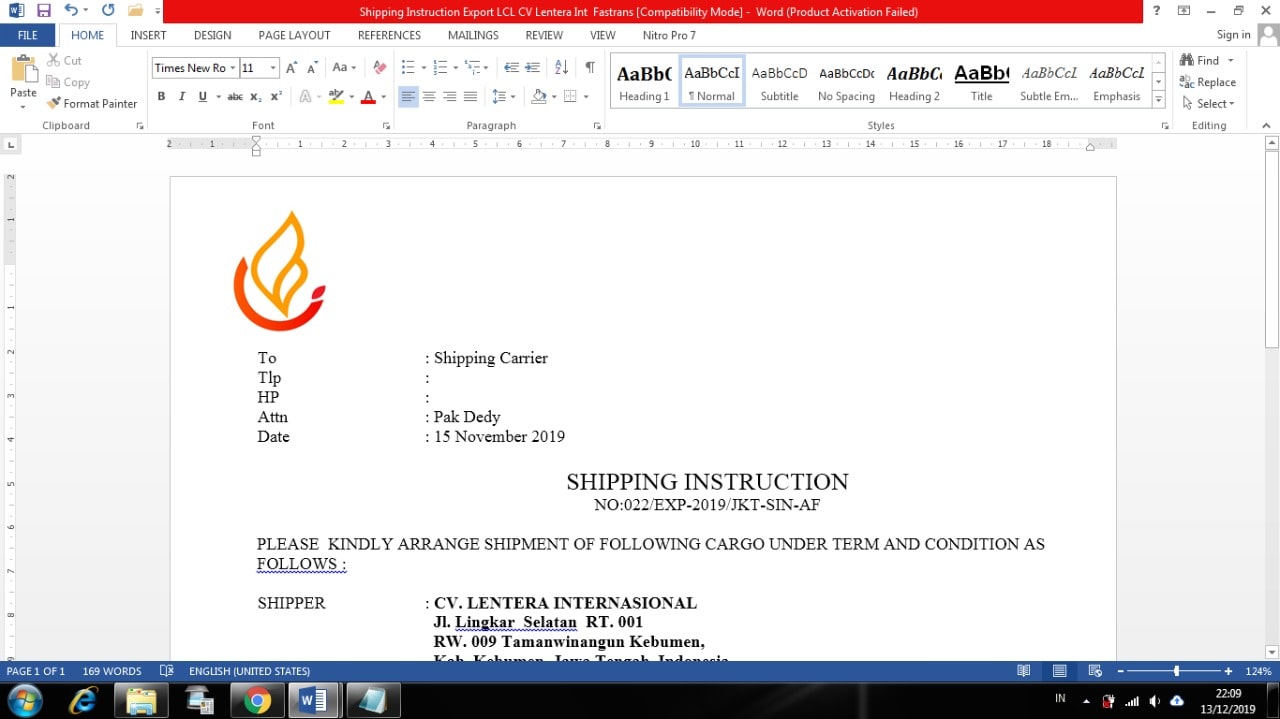 CONTOH SHIPPING INSTRUCTION