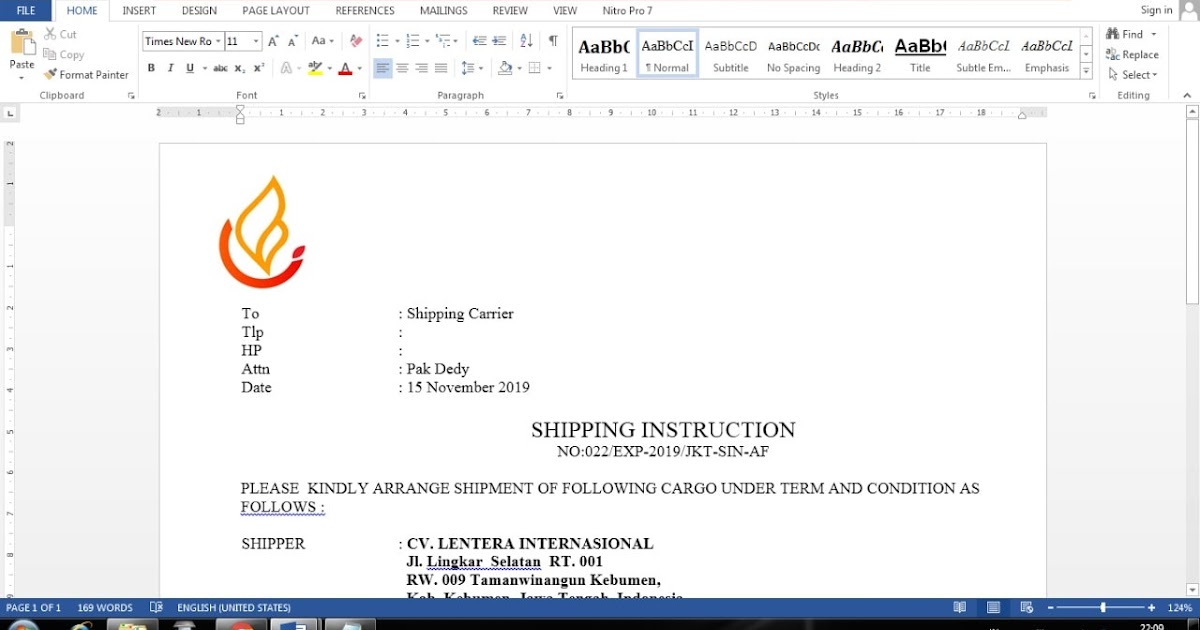 CONTOH SHIPPING INSTRUCTION - Indonesia Undername Import Export Blog