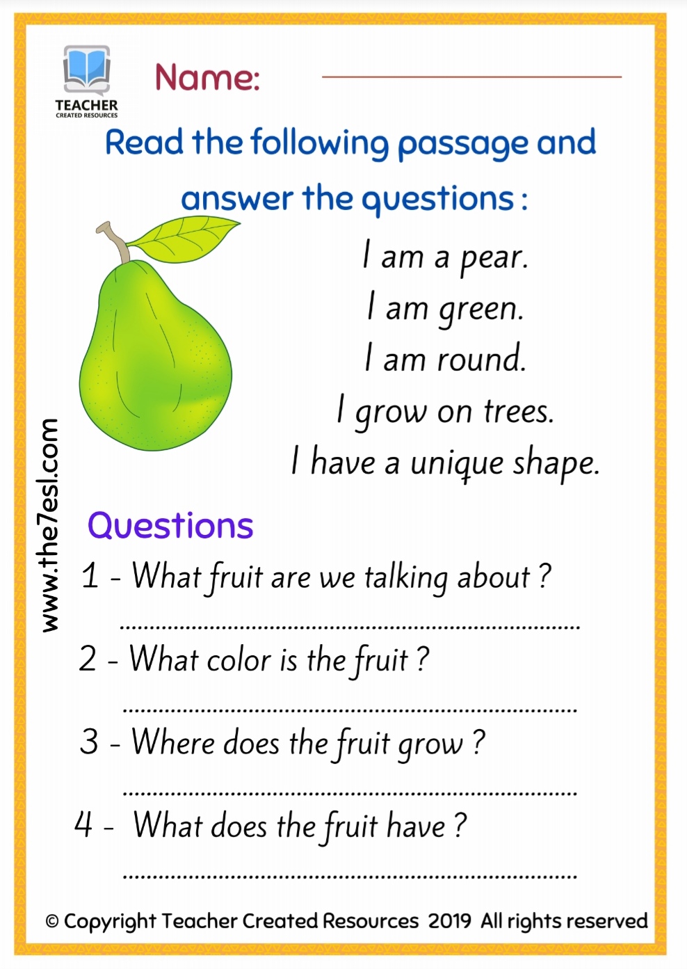 Reading Comprehension Fruits Part 2