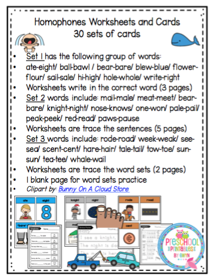 Homophones Worksheets and Cards ~ Preschool Printables