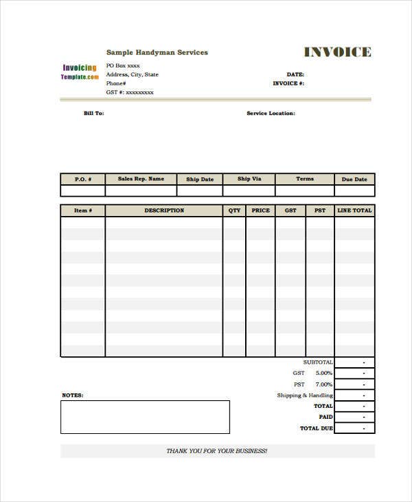 Sample Handyman Invoice - Invoice Template