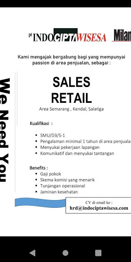Lowongan Kerja PT. Indocipta Wisesa - Sales Retail - Semarang, Kendal ...