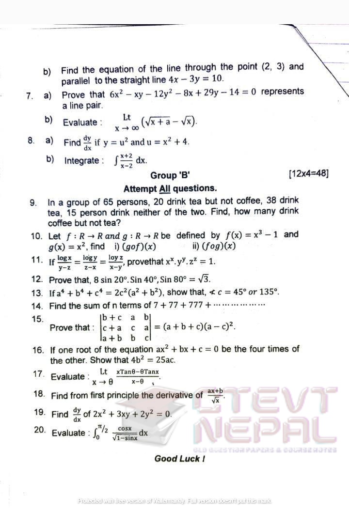 AG Mathematics - 1st Year Question Papers CTEVT | Diploma in ...