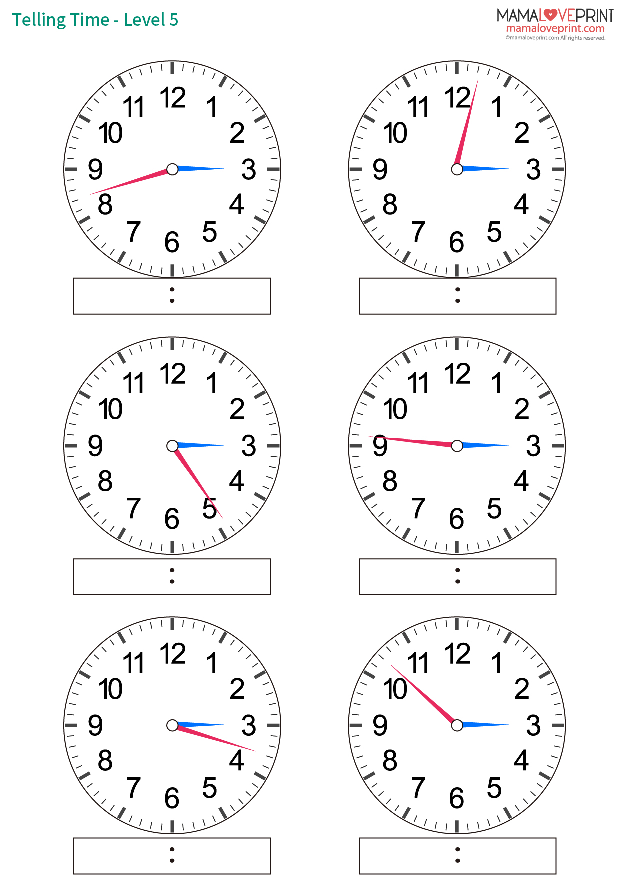 MamaLovePrint . Learning Time Worksheets . (Level 5) Minute Hand PDF ...