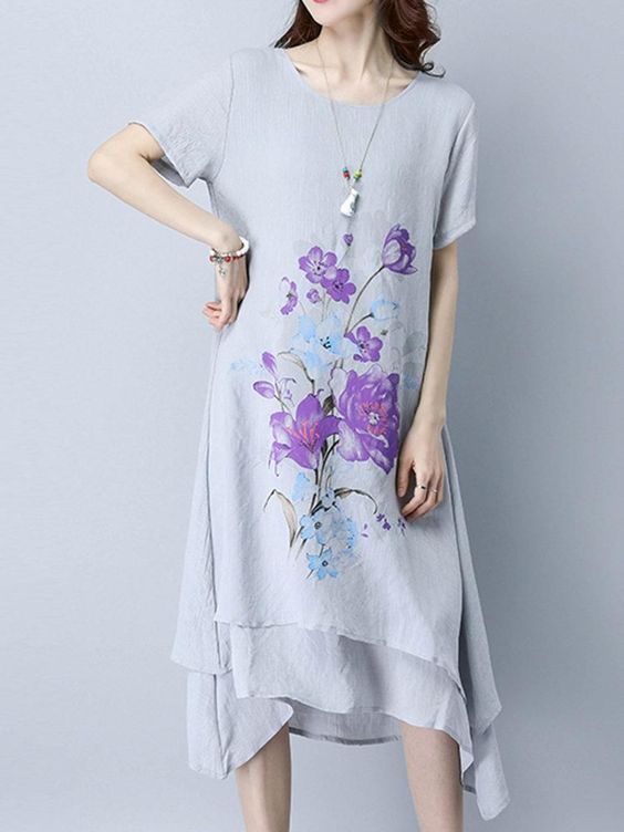 Women Floral Printed Short Sleeve Mid Long Vintage Dresses Dress