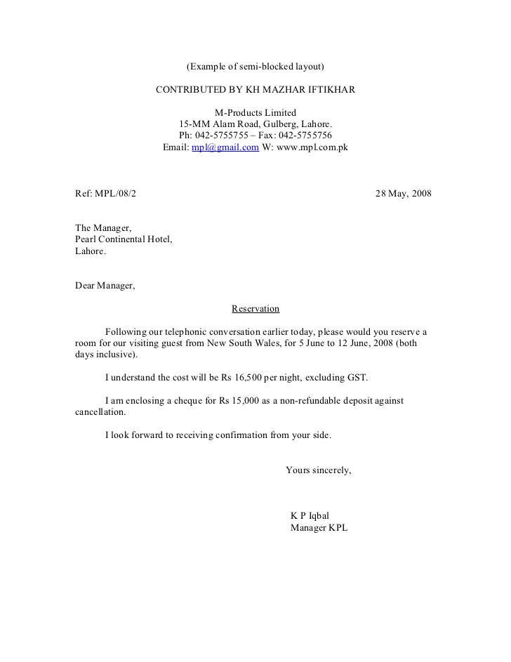 Semi Block Letter Format - Formal Letters