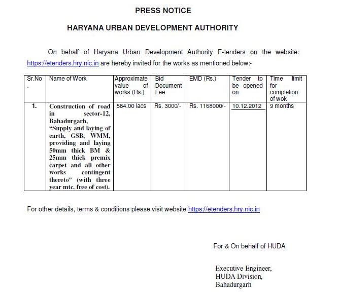 All Tenders Information: Haryana Urban Development Authority