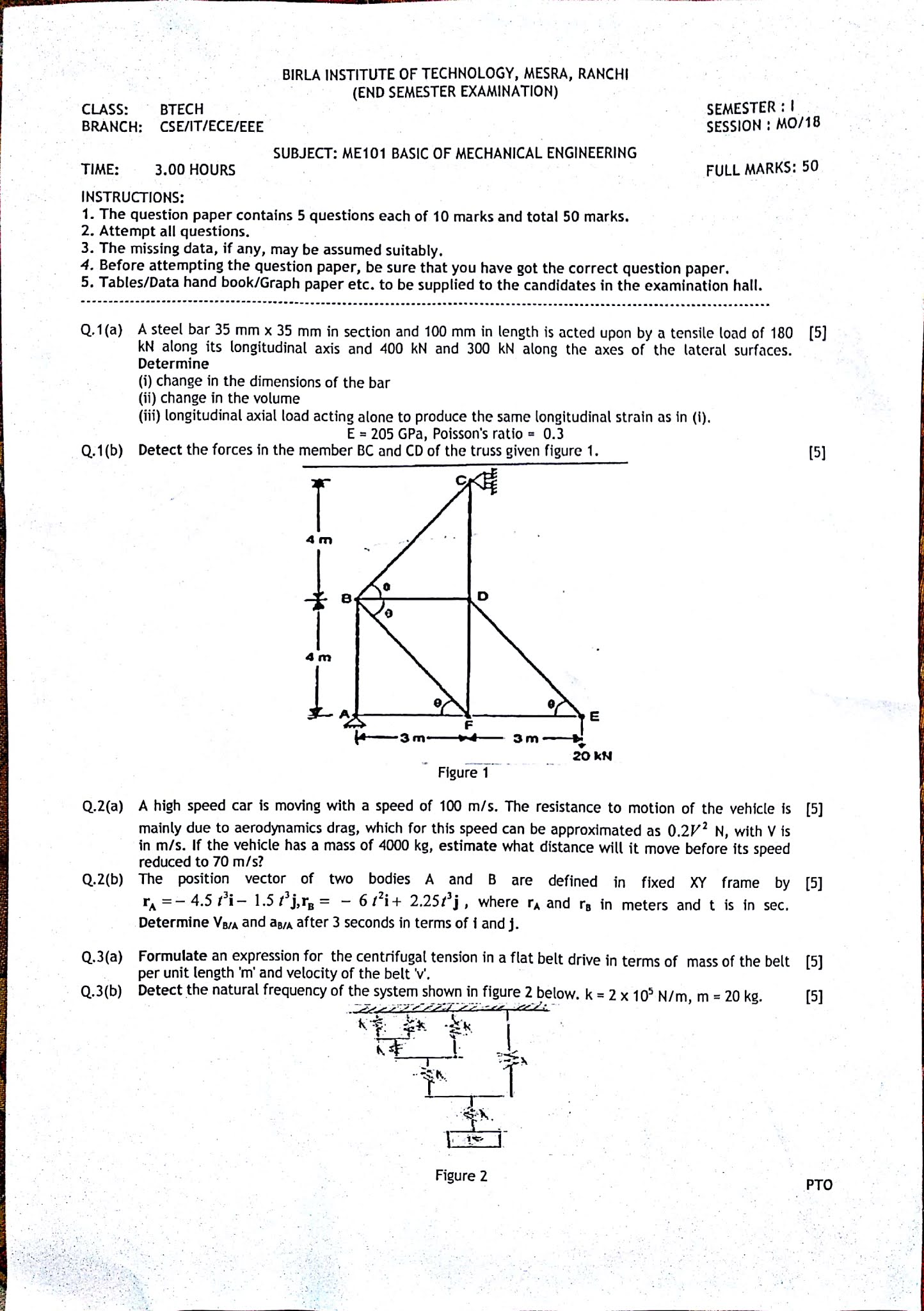 ME101 Basics of Mechanical Engineering bit mesra 1st year mid sem end sem question paper