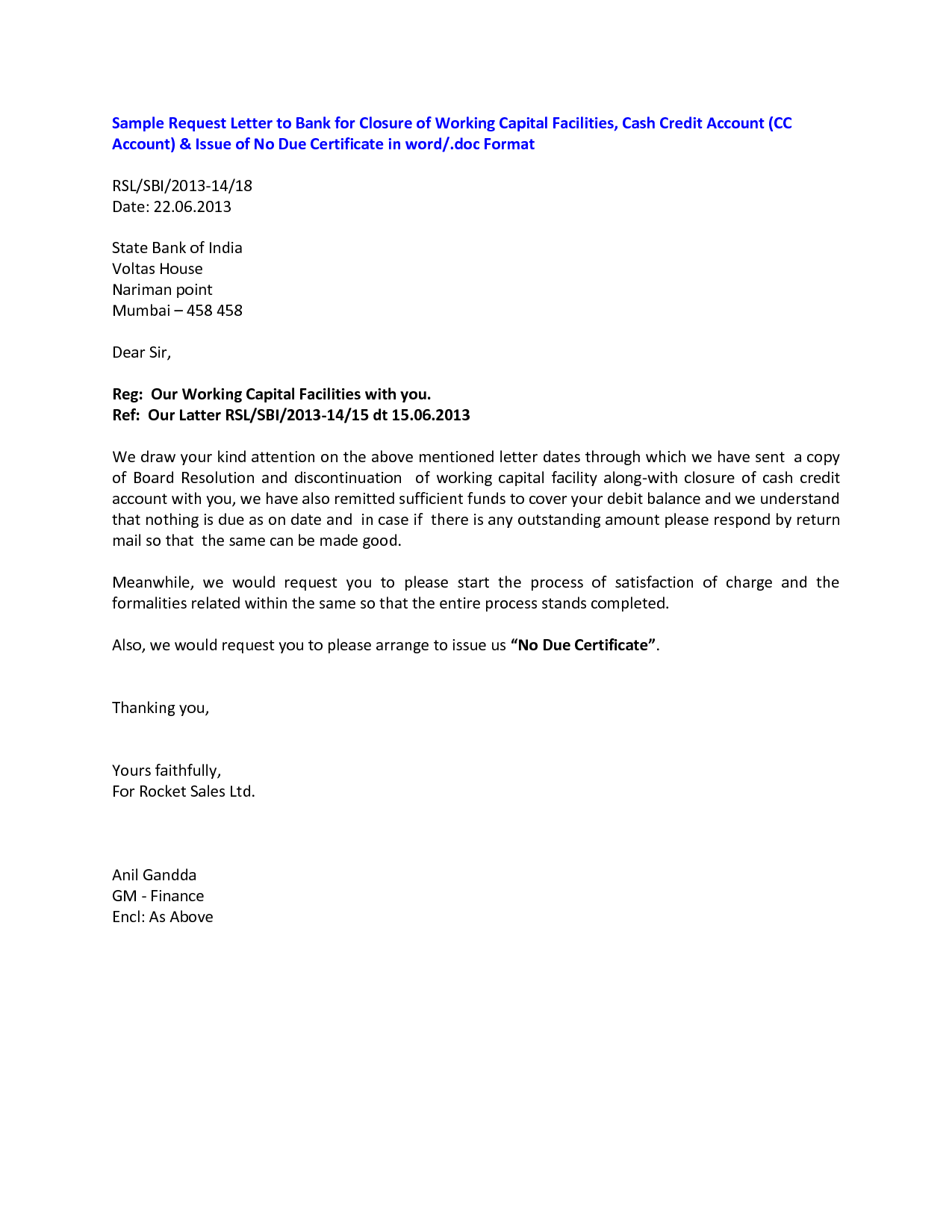 Bank Letter Format - Formal Letter