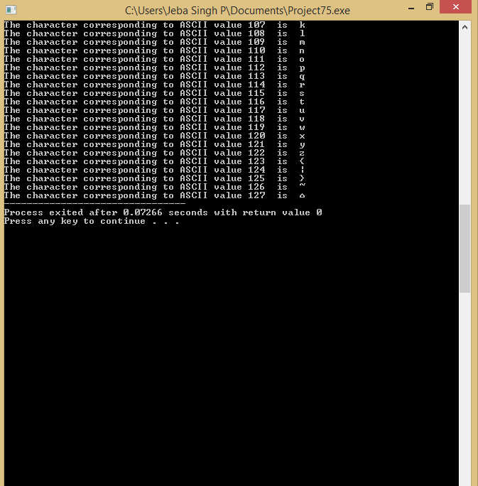 C Code 27 To Print All The Ascii Values Along With There Corresponding Characters From 0 To
