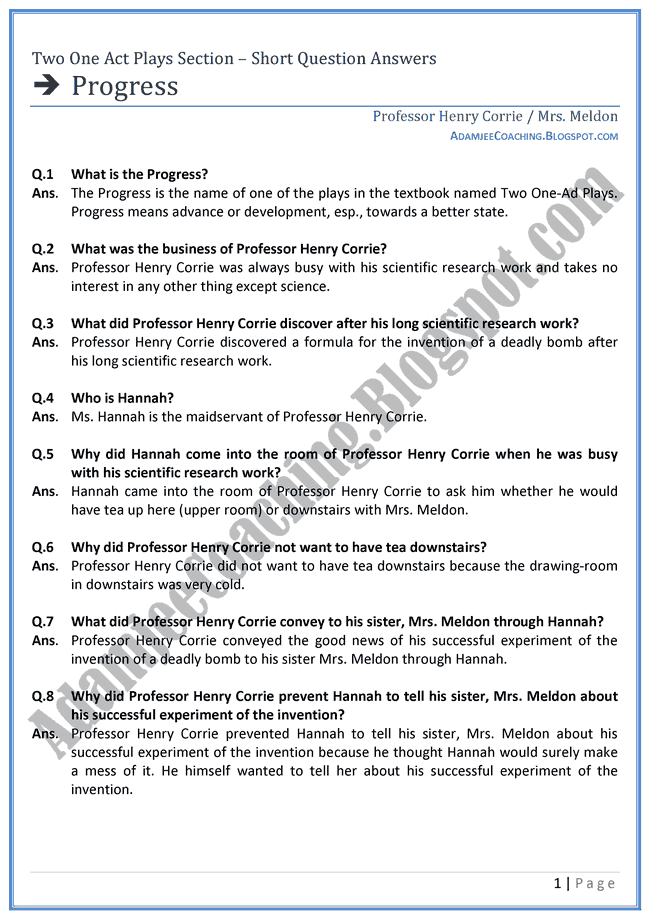 Adamjee Coaching: Progress - Question Answers - English XI