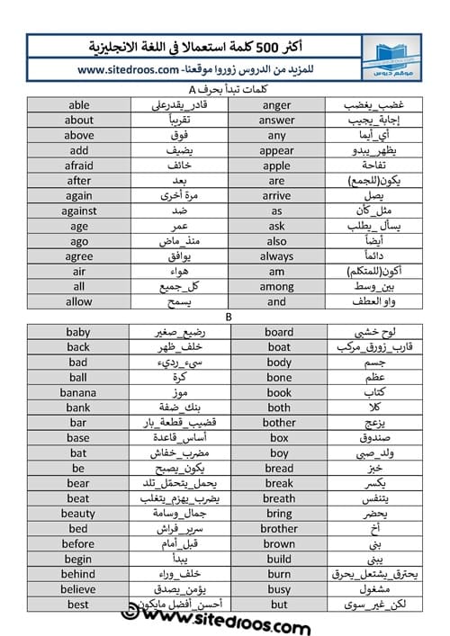 كلمات انجليزية مهمة Pdf اهم كلمات اللغة الانجليزية في 8 صفحات