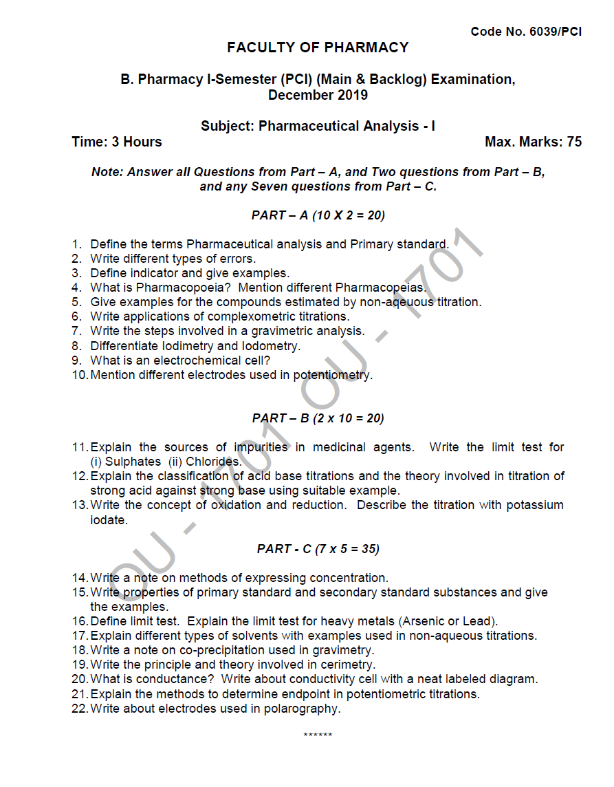 Osmania University B. Pharmacy I-Semester. (PCI) (Main & Backlog ...