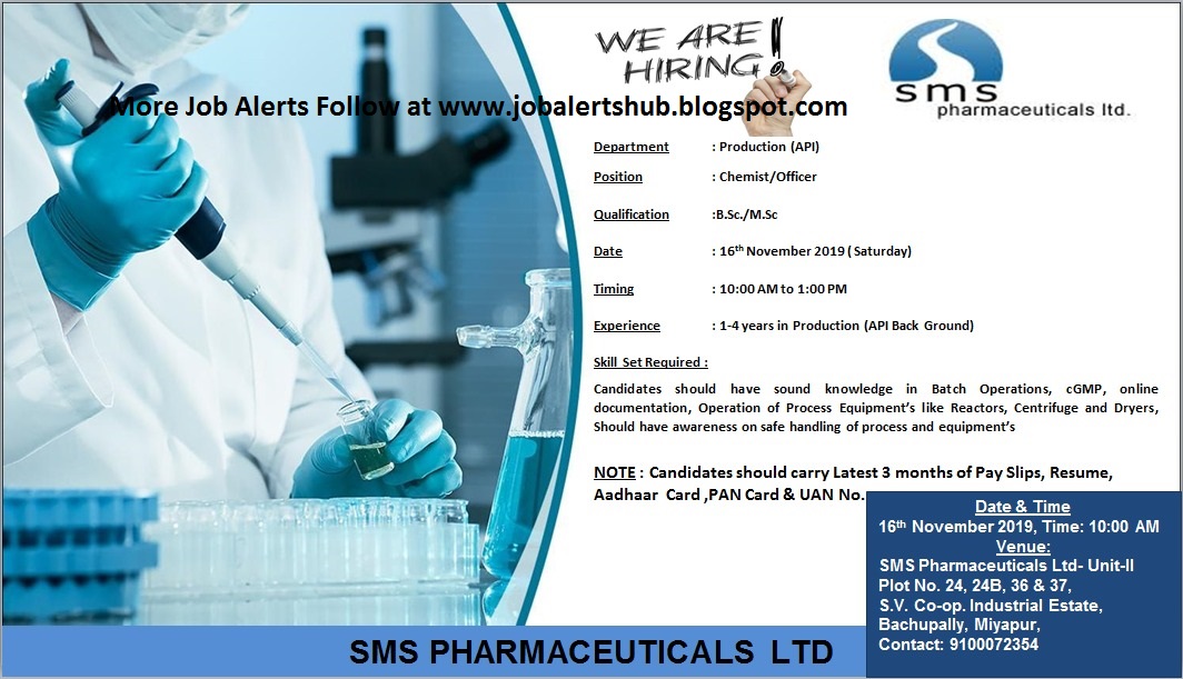 SMS Pharmaceuticals Ltd - Walk-In Interviews on 16th Nov' 2019 ...