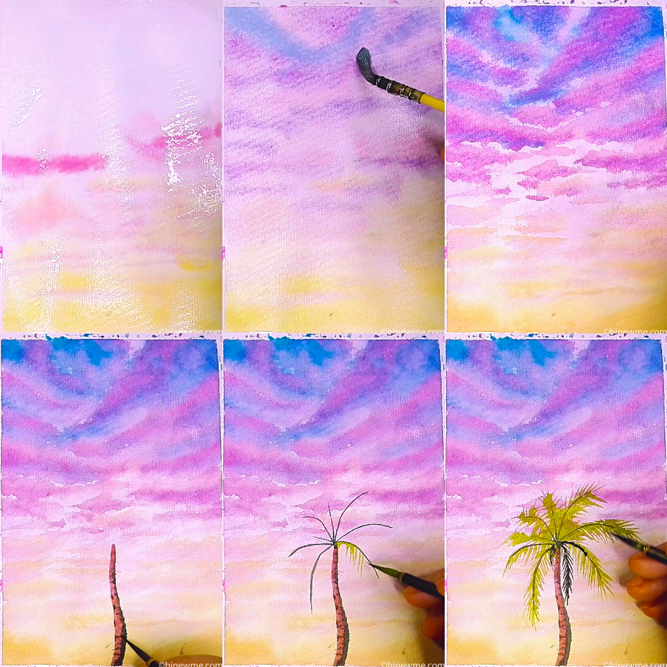 2 How to draw watercolor pink style sunset landscape, come to see my ...