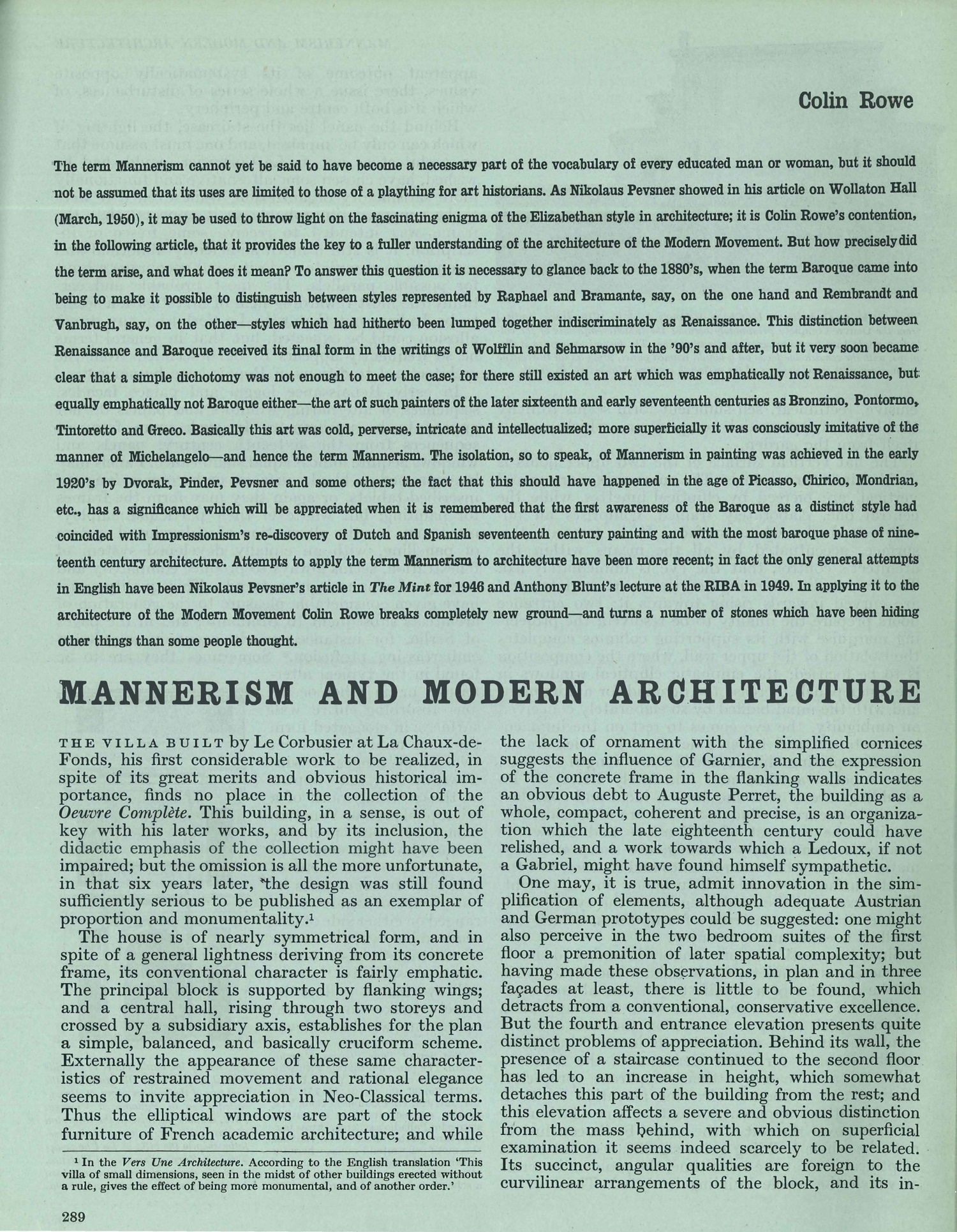 Colin Rowe, Mannerism and Modern Architecture, AR, 1950 May