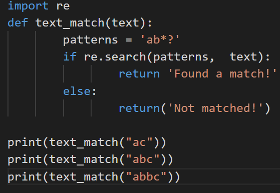 Write a Python program that matches a string that has an a followed by ...