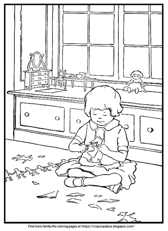 Crayon Palace: Color a little girl cutting paper dolls...