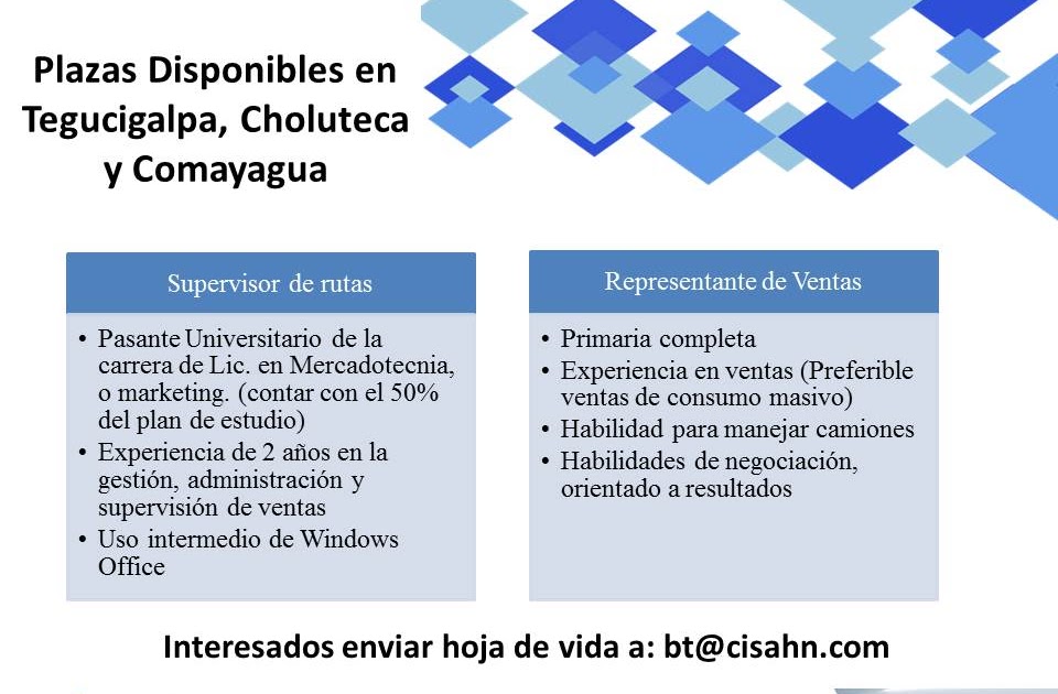 Supervisor de Rutas / Representante de Ventas - Tegucigalpa / Choluteca ...