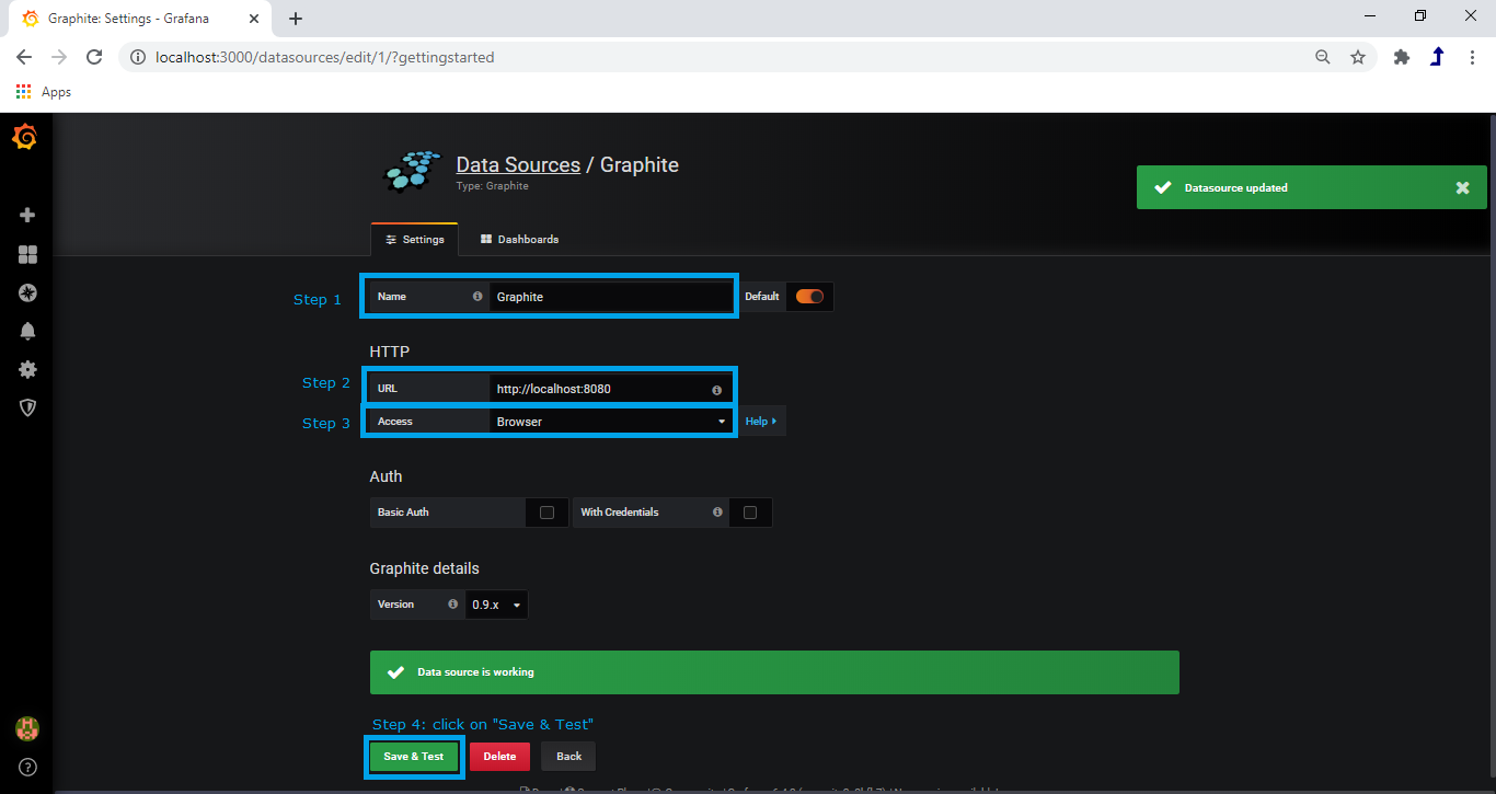 Azure Blaze: How to add a Graphite as data source in Grafana.
