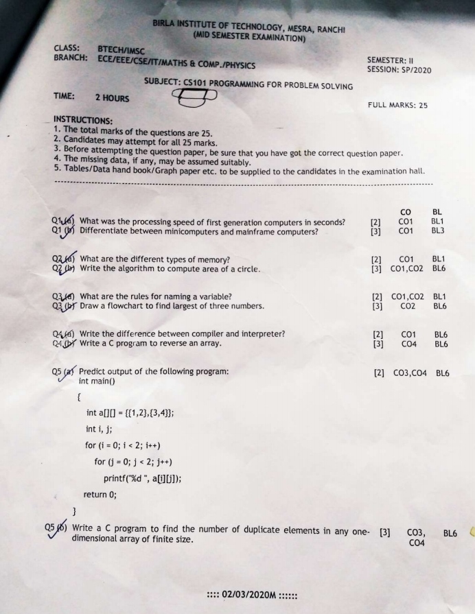 Cs101 Programming For Problem Solving Btech Question Paper