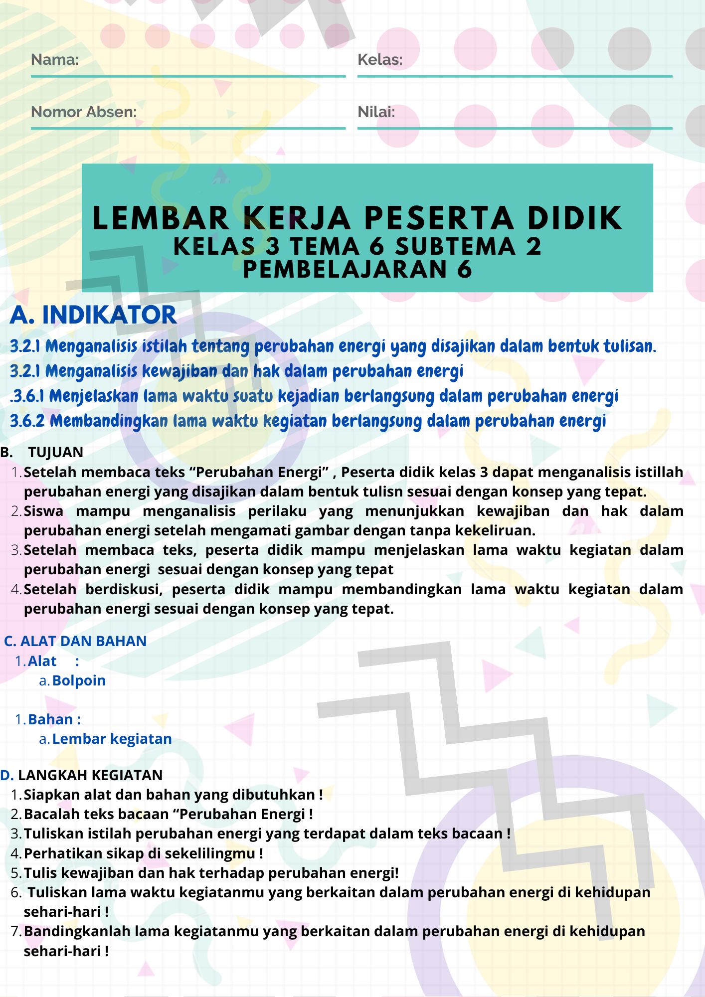 Dunia Ilmu Anak SD: LEMBAR KERJA PESERTA DIDIK KELAS 3 TEMA 6 SUBTEMA 2 ...