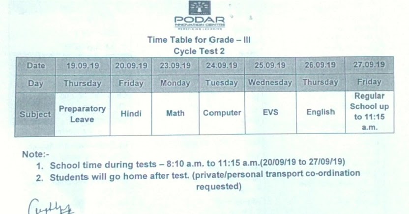 CLASS 3 A,B,C,D,E syllabus and time table of CYCLE TEST 2