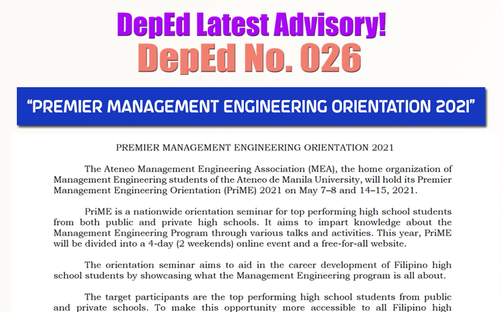 DepEd Advisory: PREMIER MANAGEMENT ENGINEERING ORIENTATION 2021