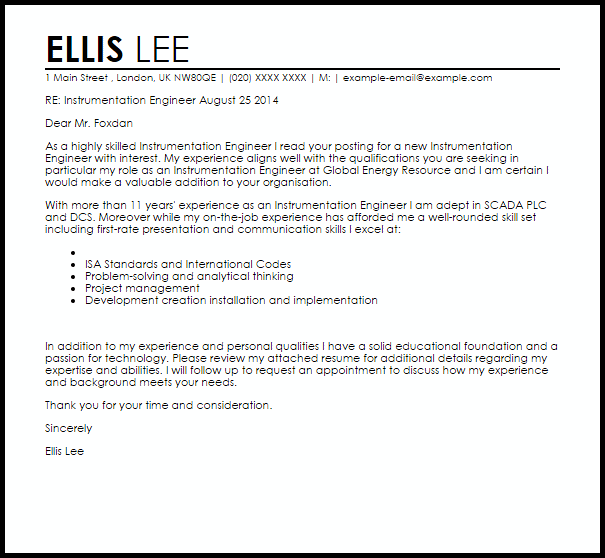 Instrumentation Engineer Cover Letter - Cover Letter