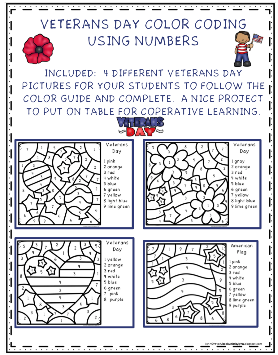 VETERANS DAY NUMBER COLOR CODING ~ Book Units by Lynn