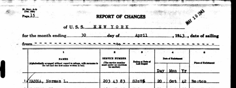 Norman Leslie Hanna: Signalman Second Class: Navy Muster Roll ...