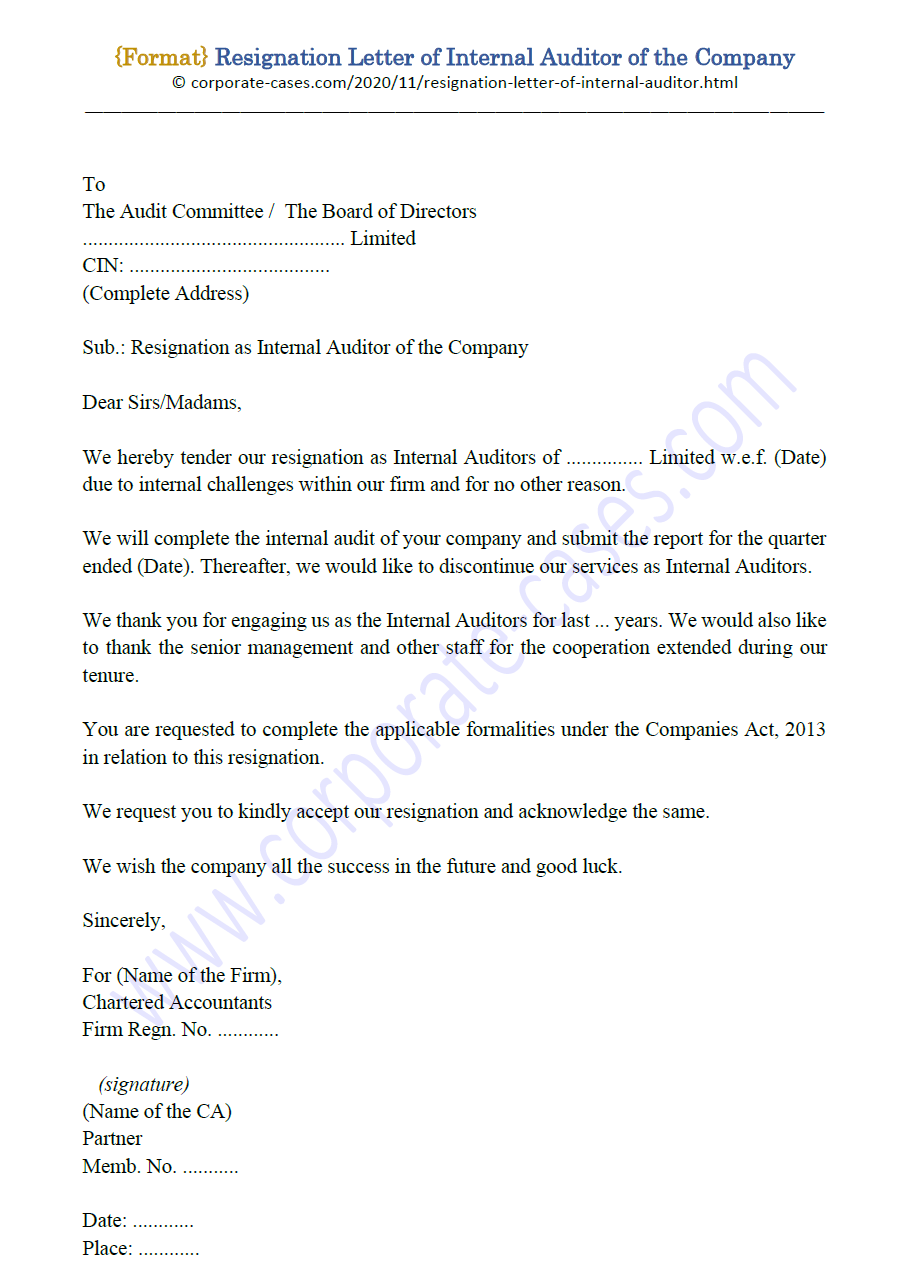 Format Of Resignation Letter Of Internal Auditor Of The Company format-of-resignation-letter-of-internal-auditor-of-the-company